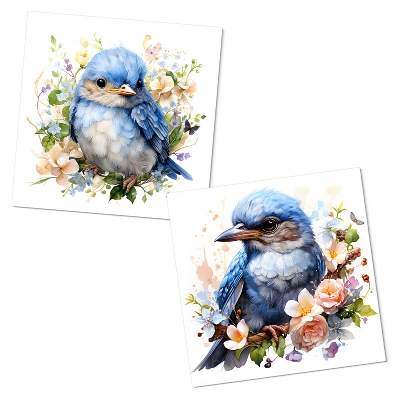 25 Baby Blue Bird With Flowers Clipart, Watercolor Happy Smiling Bird ...