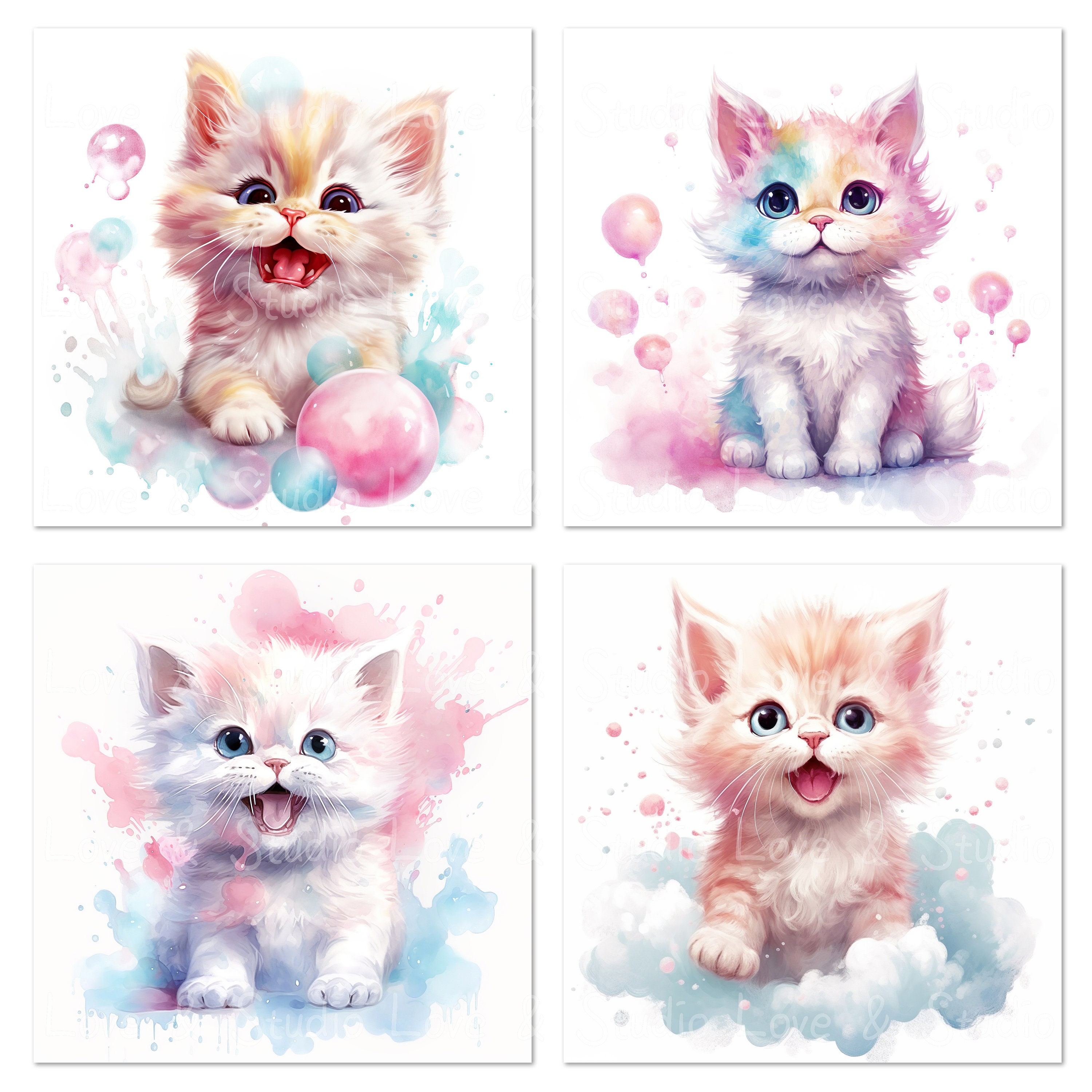 20 Smiling Happy Kitten Clipart, Digital Cat Watercolor, High-quality ...