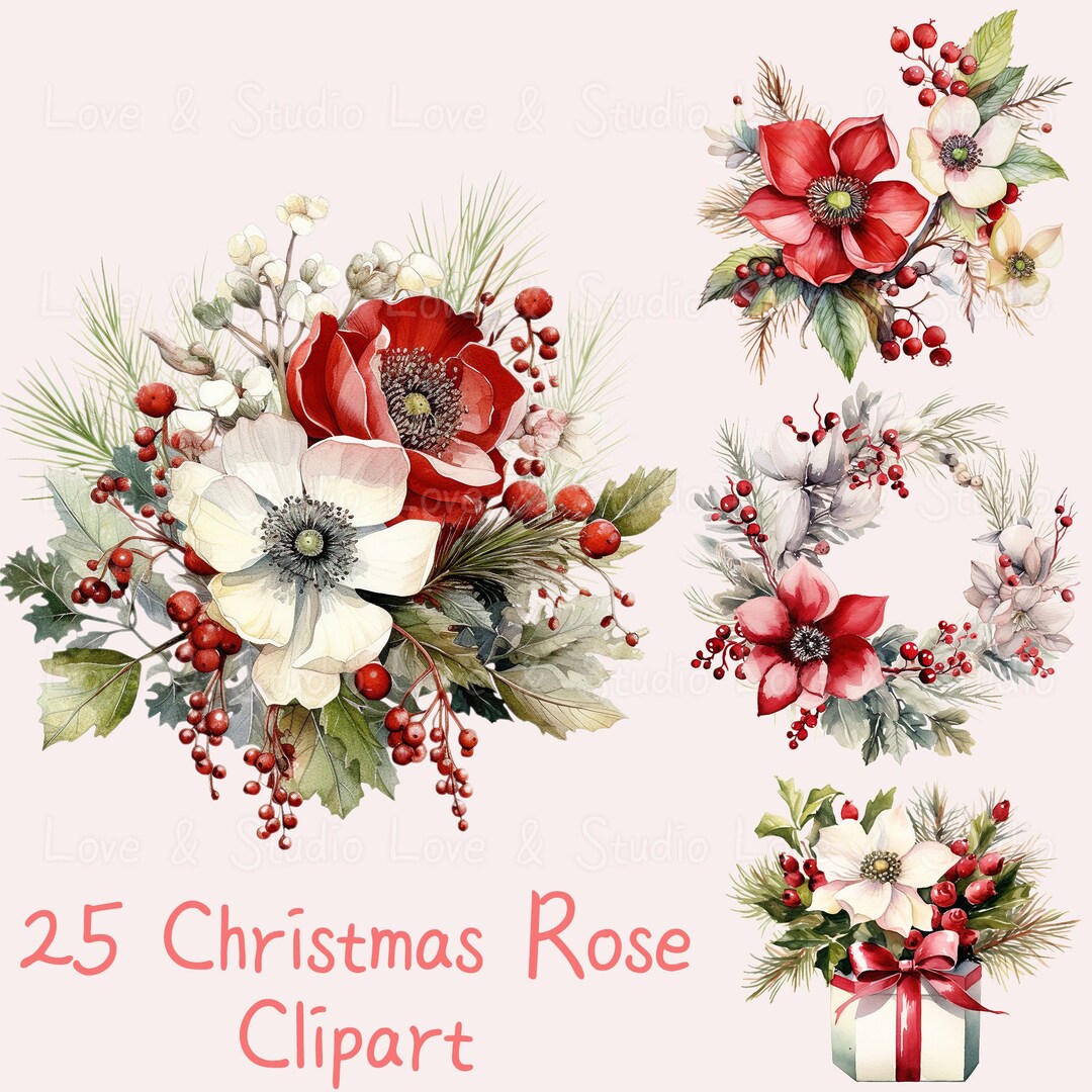 25 Watercolor Christmas Roses Clipart, Christmas Party Digital Supply ...