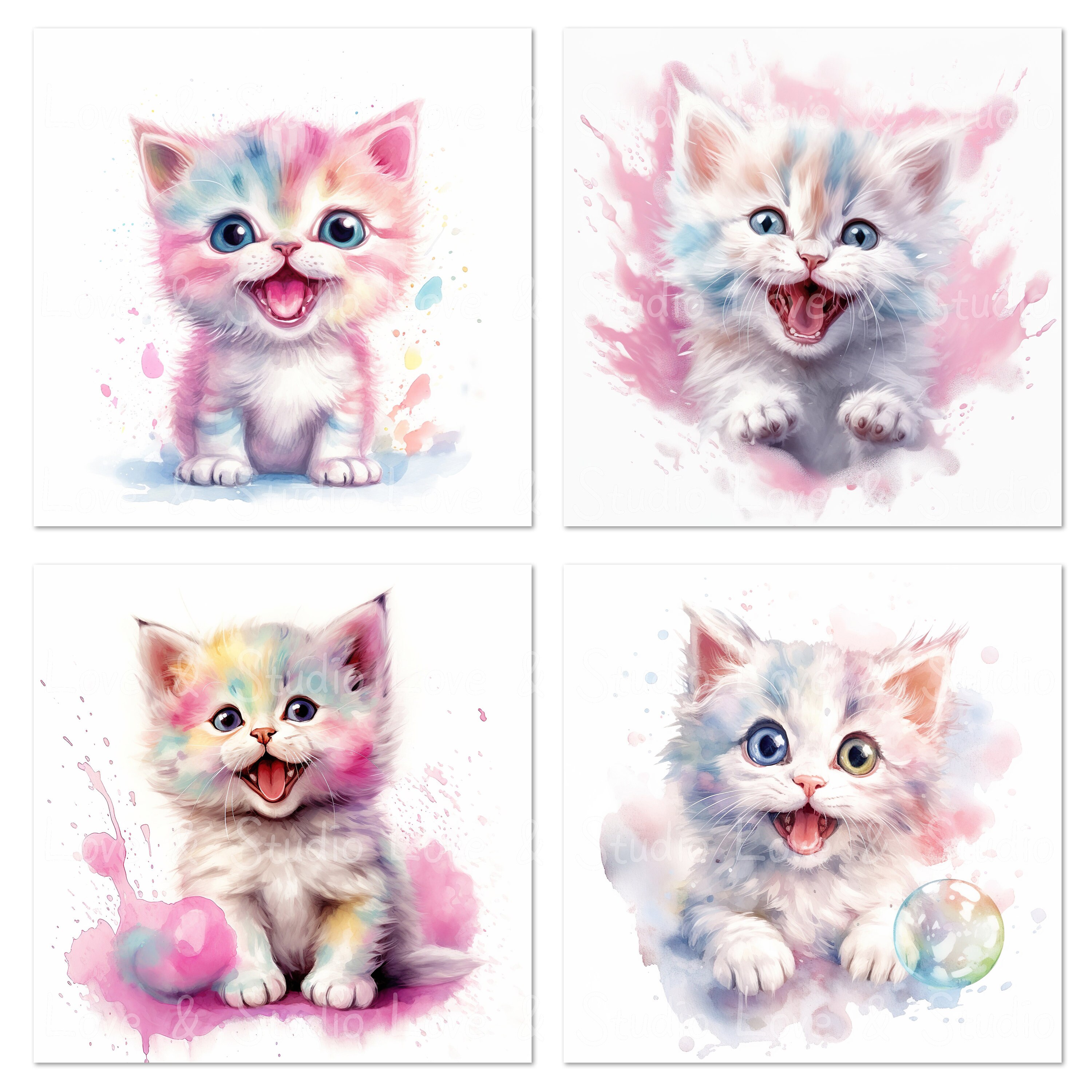 20 Smiling Happy Kitten Clipart, Digital Cat Watercolor, High-quality ...