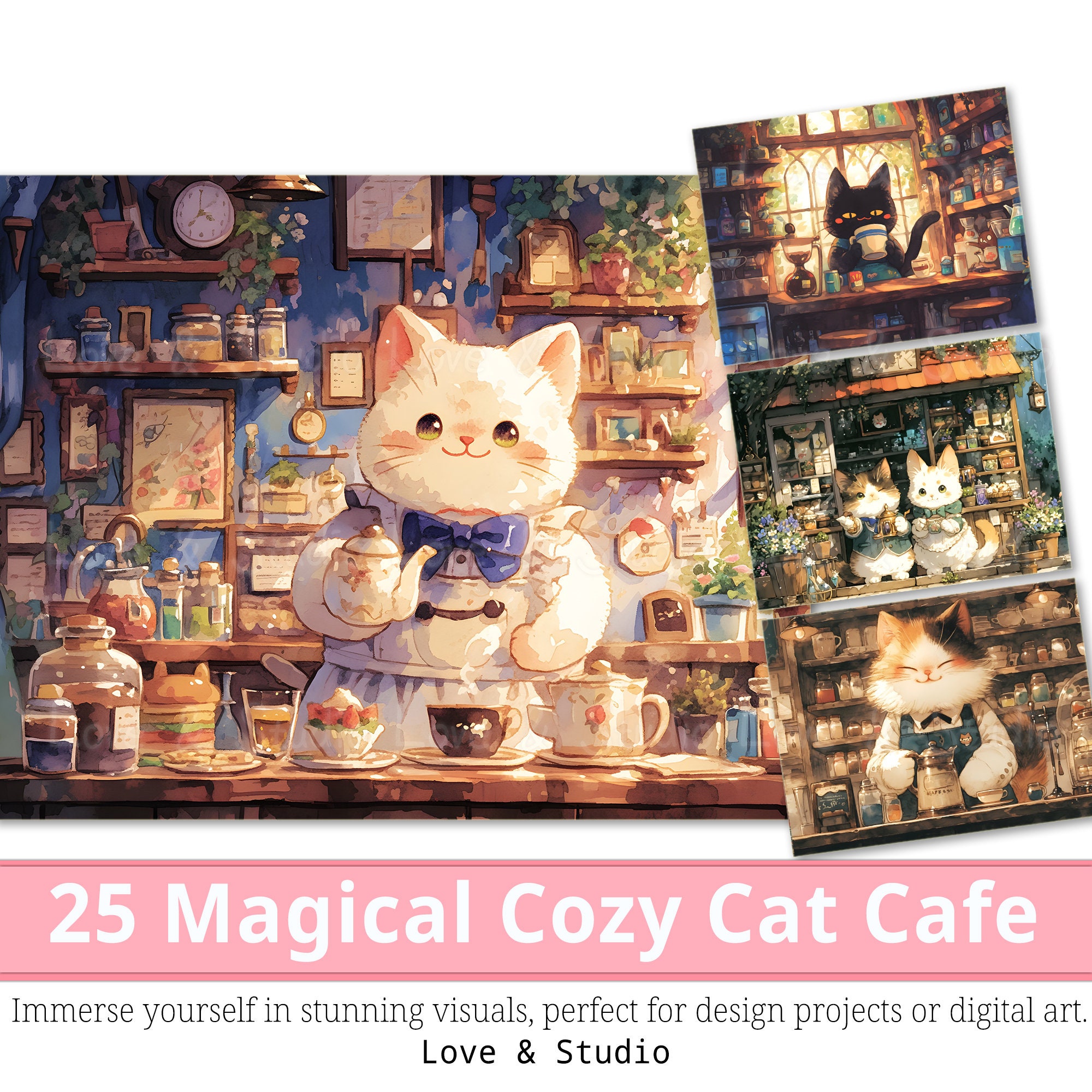 25 Magical Cozy Cat Cafe Digital Paper, Whimsical Feline Digital Paper ...