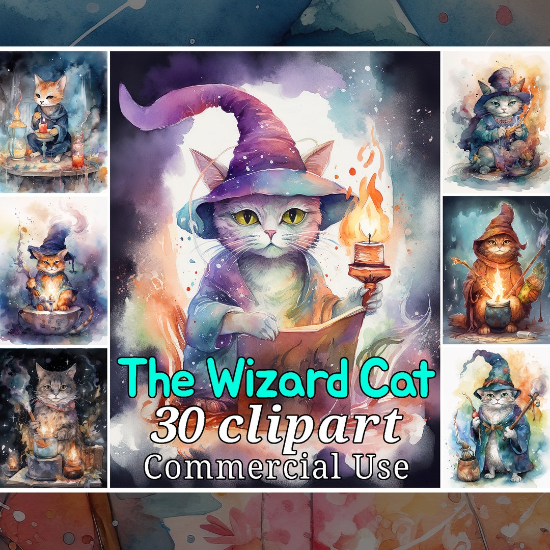30 Watercolor Cat Clipart, the Wizard Cat, 30 High Quality JPG, Commercial Use, Digital Download ...