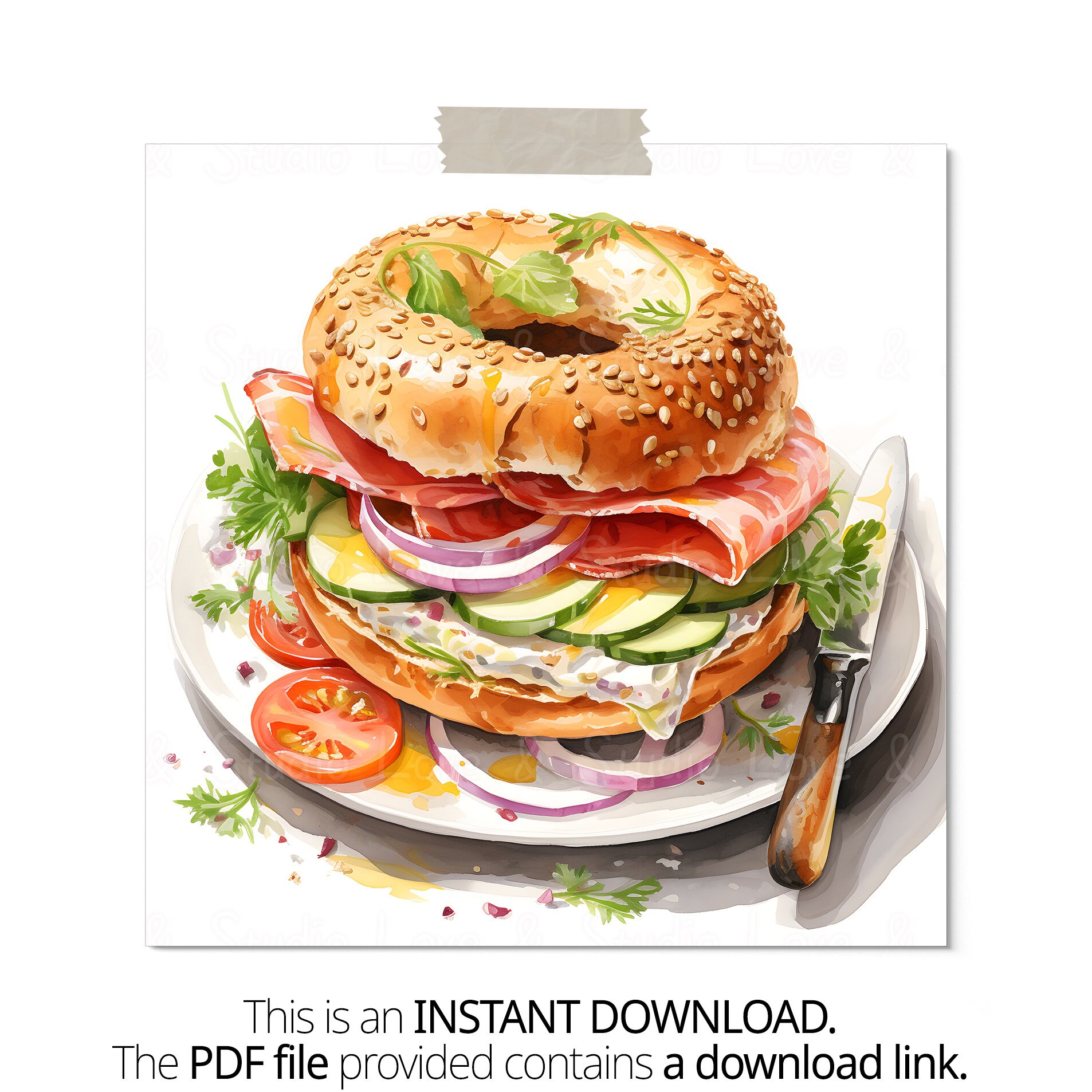 25 Bagel Sandwich Watercolor Clipart, Indulgent Brunch Digital Paper ...