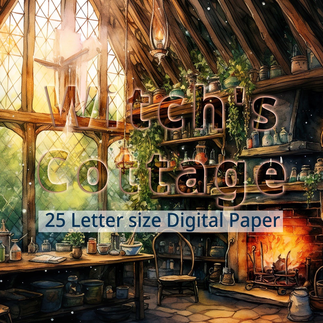 25 Witch's Cottage Digital Paper, Printable Watercolor Magical Fairy ...