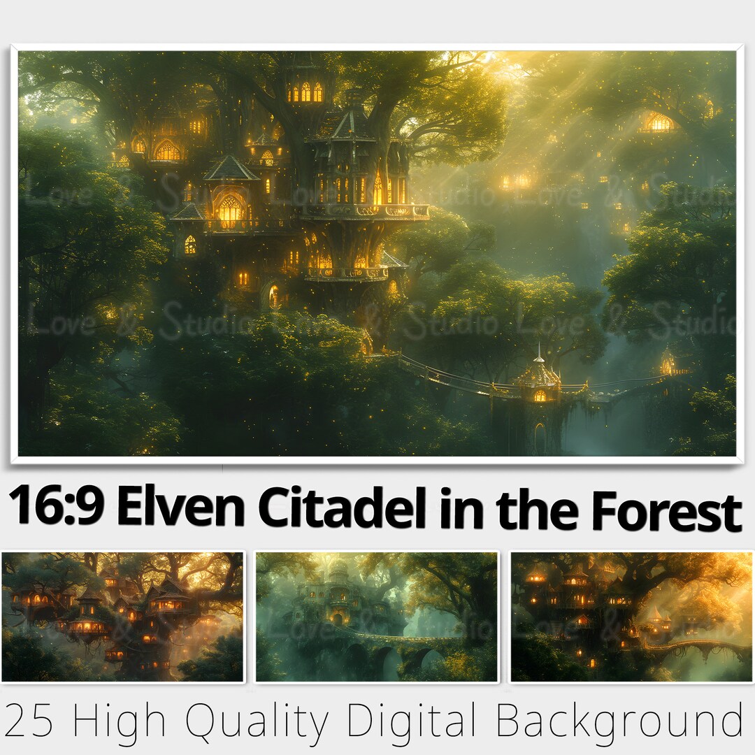 16:9 Elven Citadel in the Forest Digital Background. 25 Printable ...