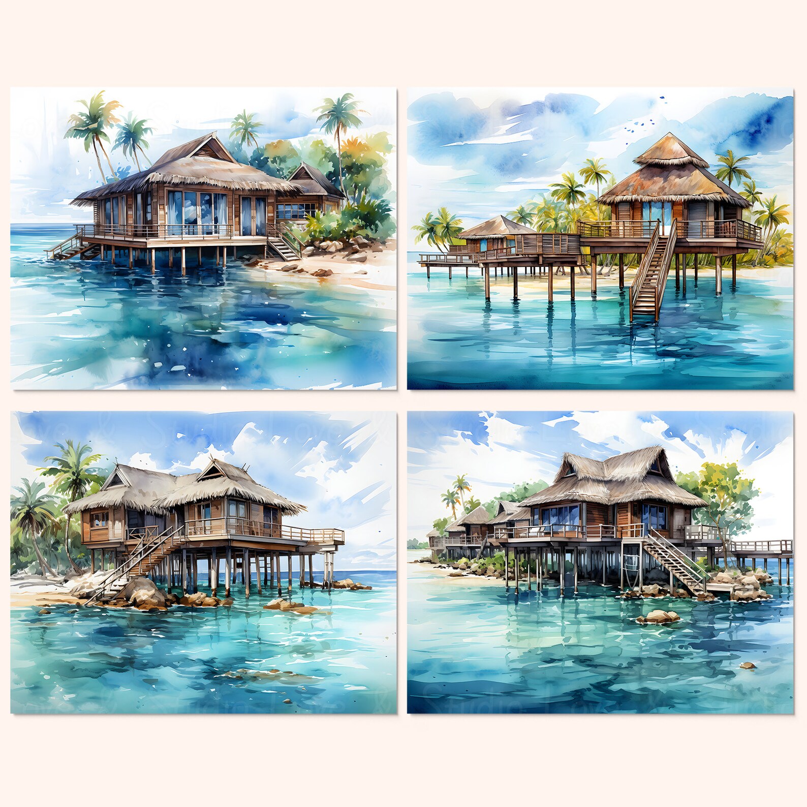 25 Maldives Beach Bungalows Digital Paper, Watercolor With Pen Brush ...