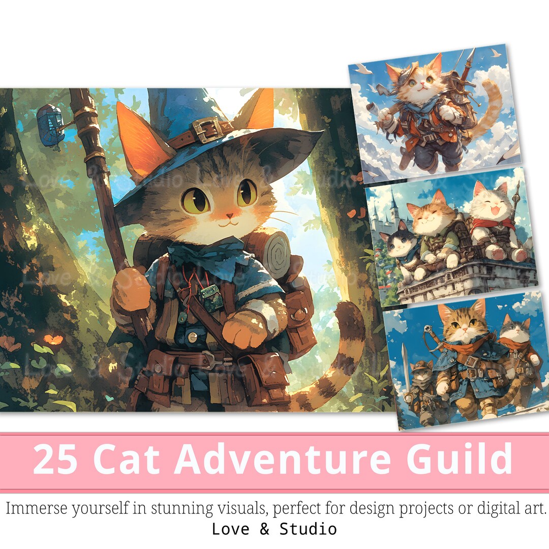 25 Cat Adventure Guild Digital Paper, Whimsical Feline Digital Paper ...