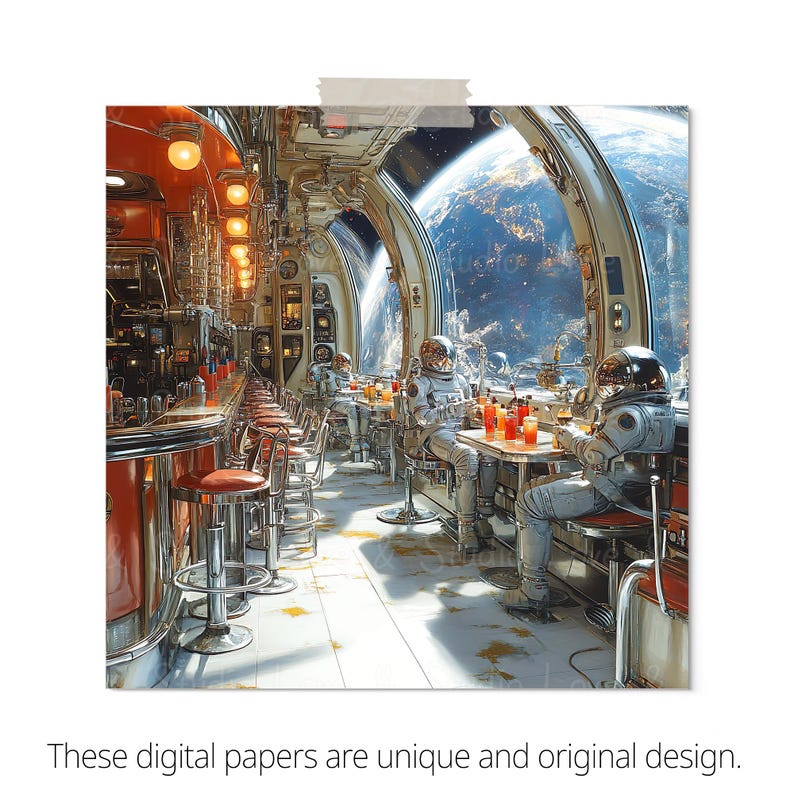 25 Galactic Diner in Space Digital Paper, Vintage Space Exploration ...