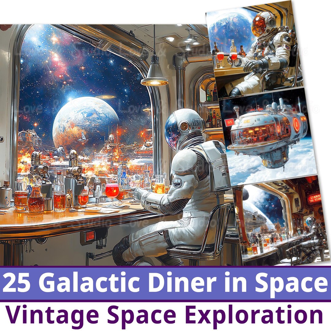 25 Galactic Diner in Space Digital Paper, Vintage Space Exploration ...