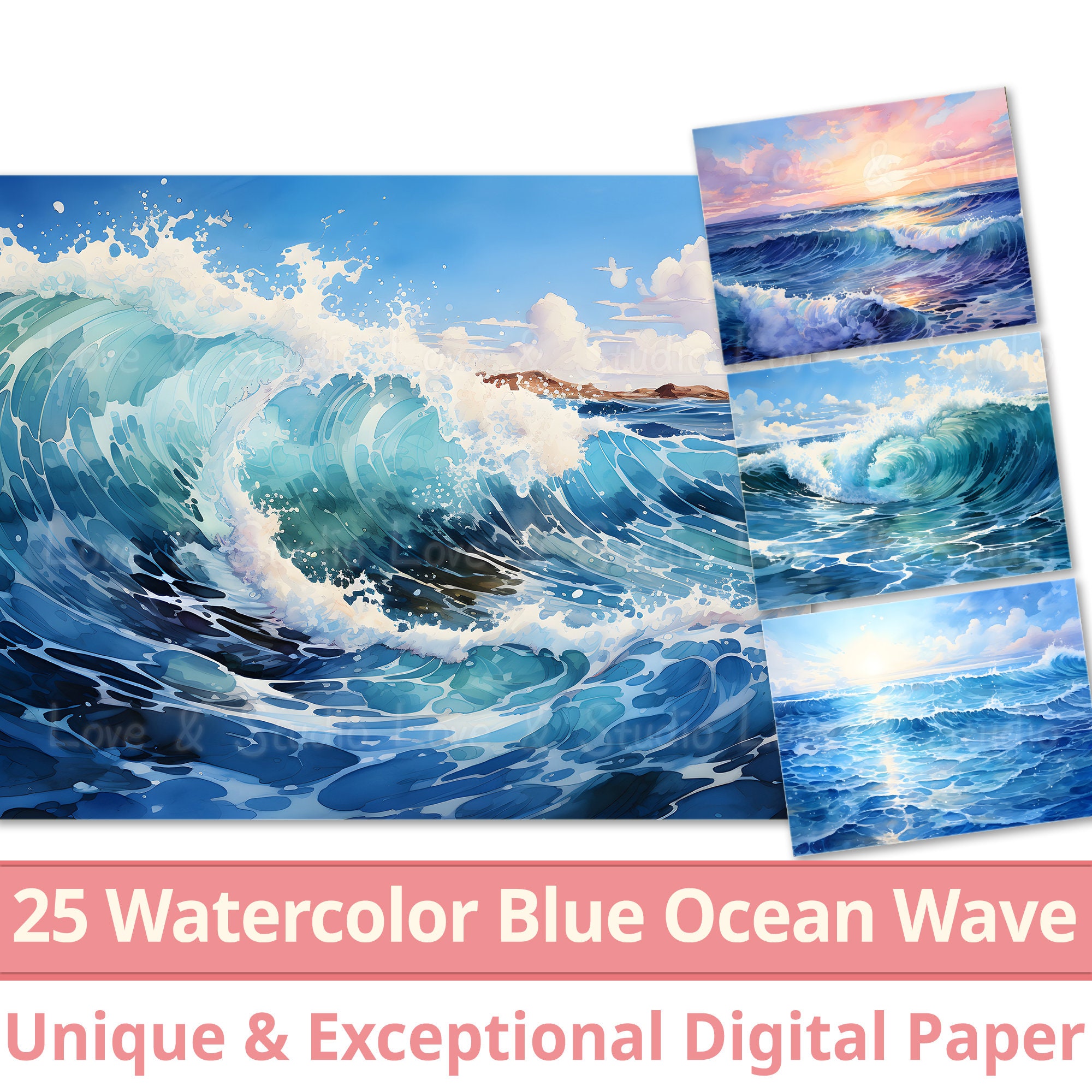 25 Watercolor Blue Ocean Waves Digital Paper, Tide of the Sea Clipart ...