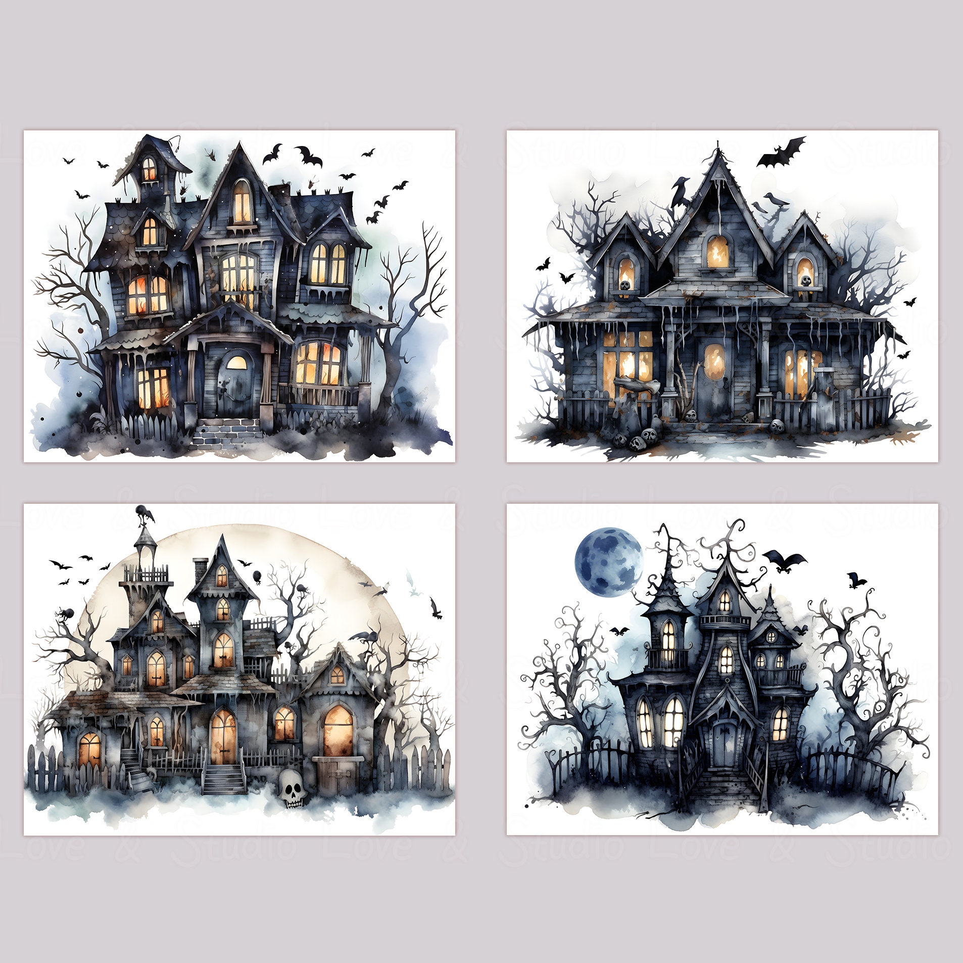 25 Skeleton Haunted House Clipart, Printable Halloween Wall Art ...