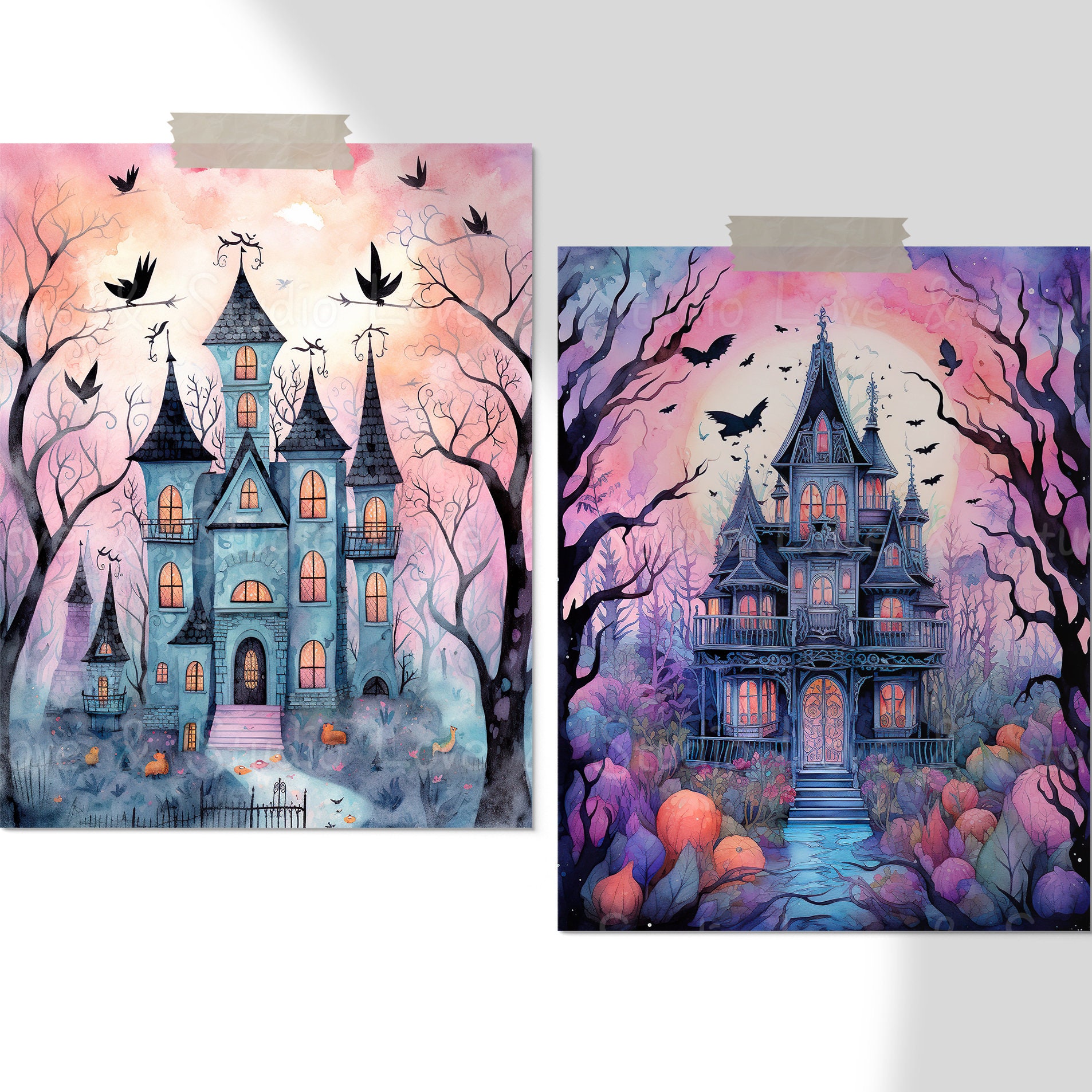 25 Pastel Haunted House Digital Paper, Soft Pastel Shade Watercolor ...