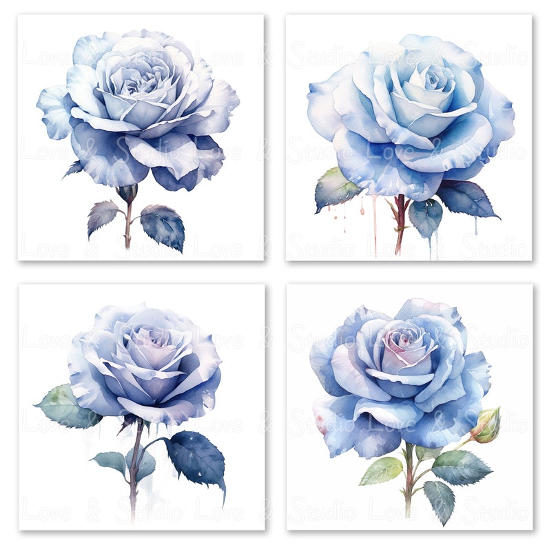 25 Dusty Blue Rose Clipart. Digital Floral Bouquet & Wreath Watercolor ...