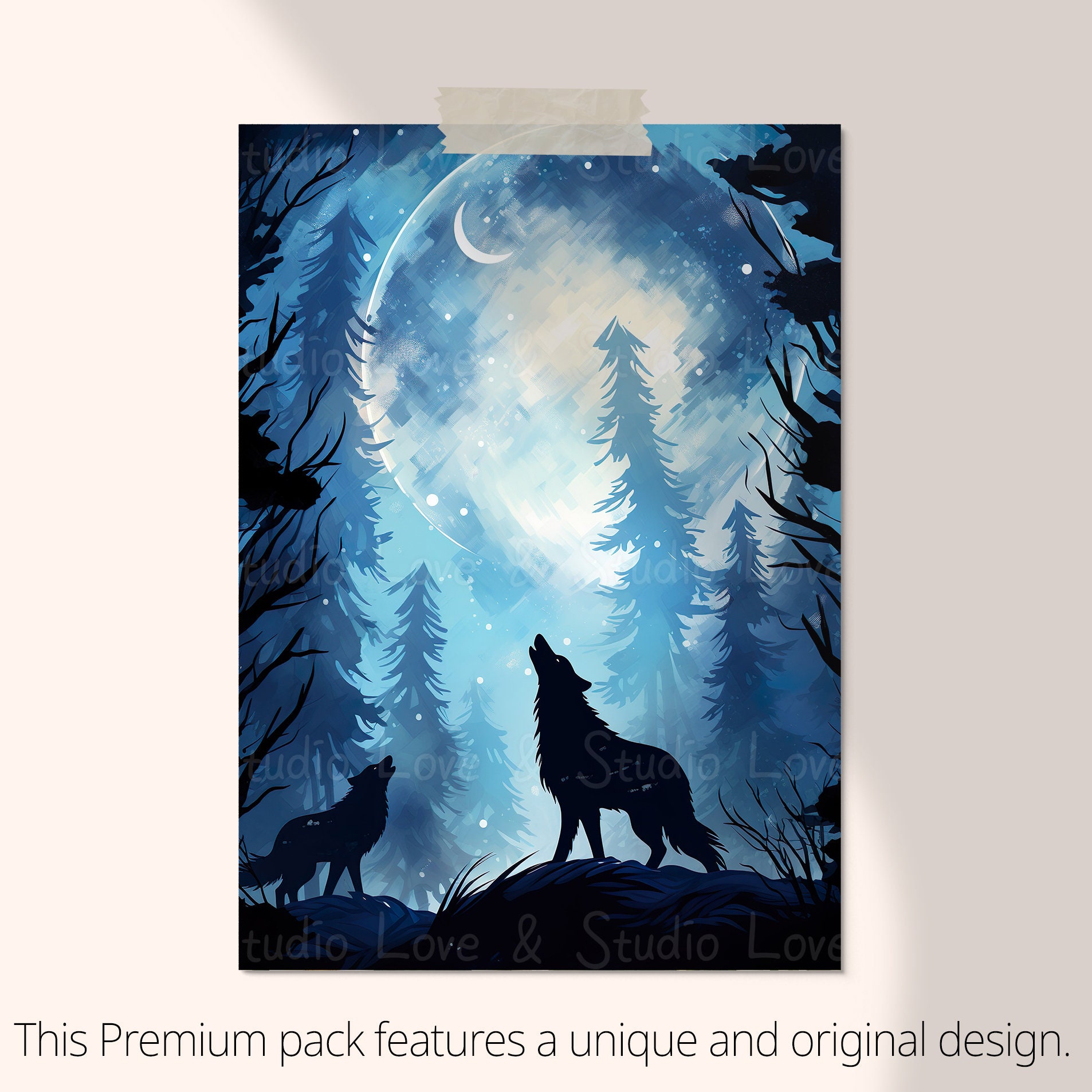 25 Moonlit Howling Wolf Digital Paper, Printable Moon Light, Halloween ...