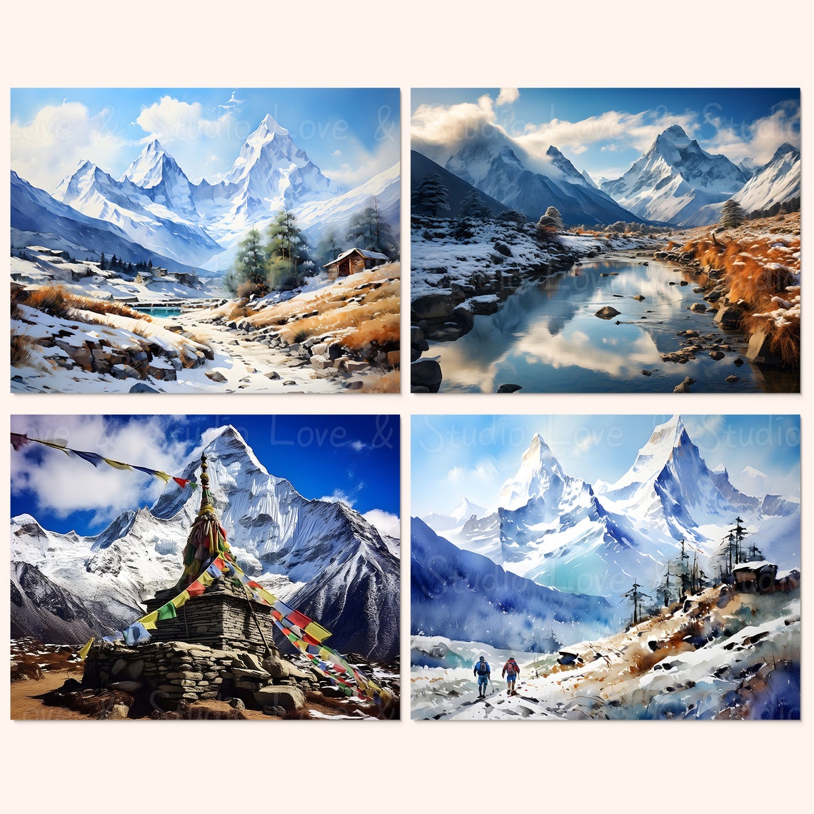 25 View Everest Base Camp Digital Paper, Watercolor Landscape Clipart ...
