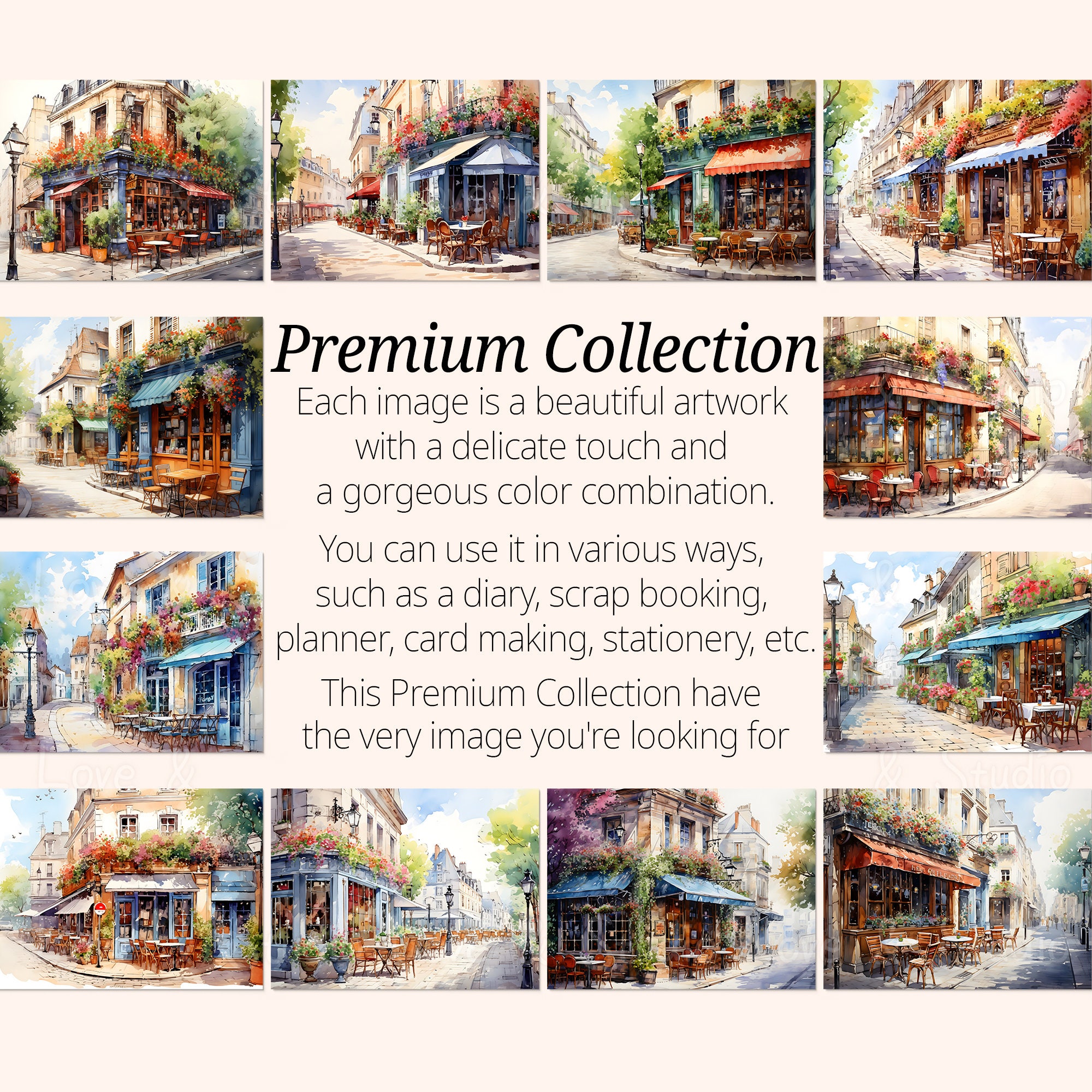 25 French Café Street Digital Paper Watercolor With Pen Brush - Etsy