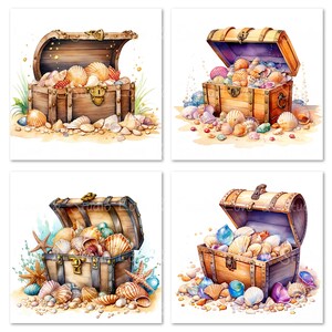 25 Seashells With Treasure Chest Clipart, Ocean Watercolor Printable ...