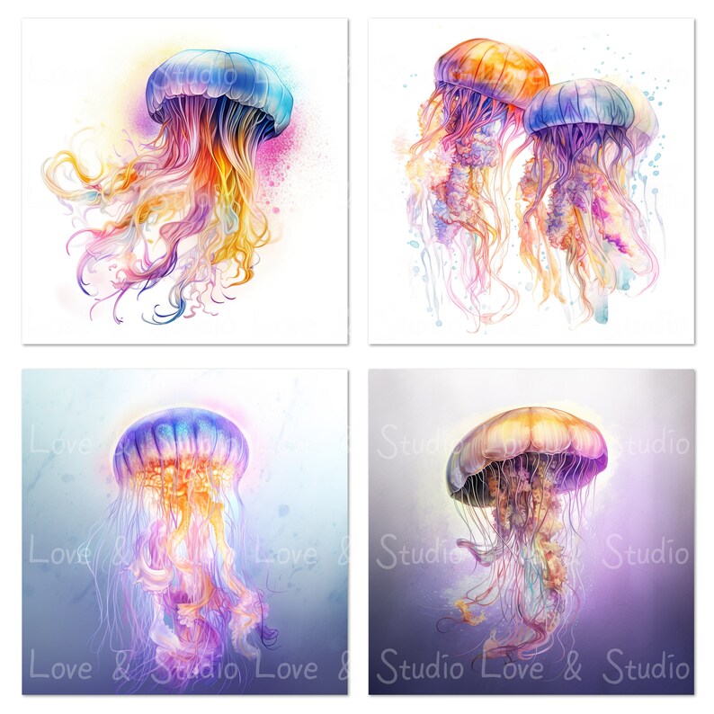 20 Colorful Jellyfish Watercolor Clipart, Digital Illustration, High ...