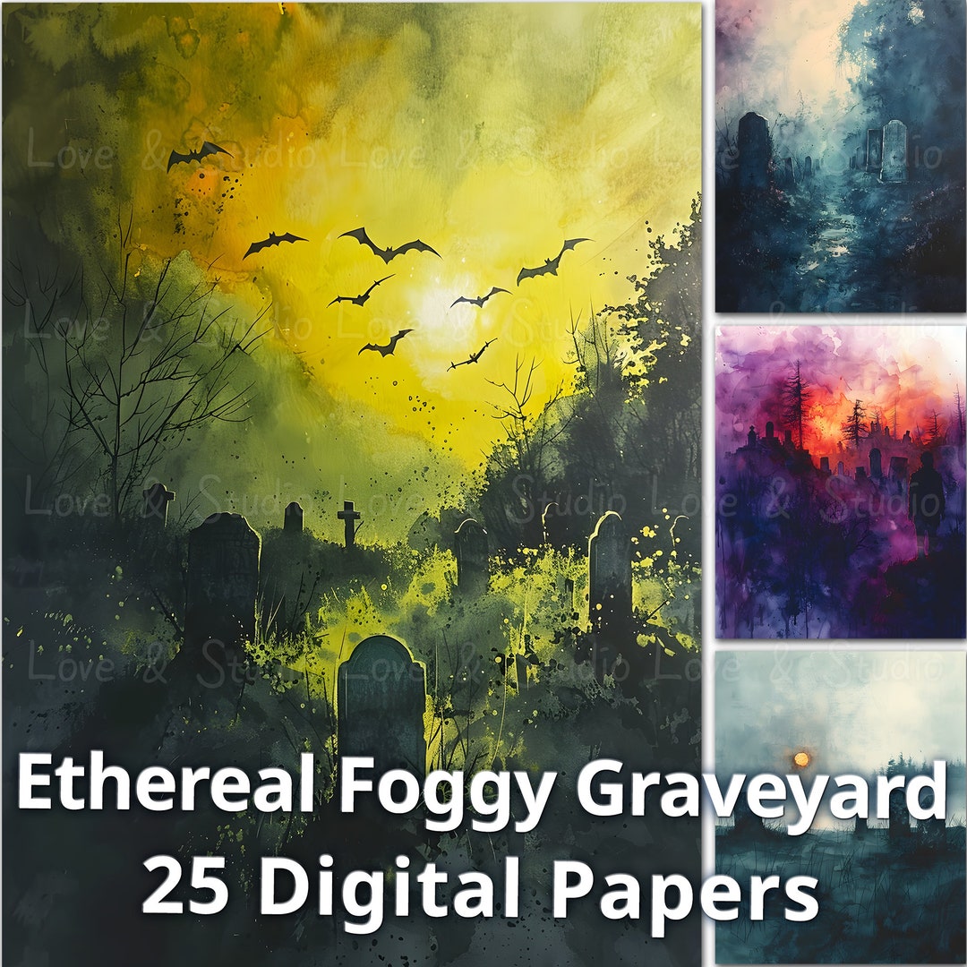 25 Ethereal Foggy Graveyard Digital Paper, Dark Fantasy Backdrop ...