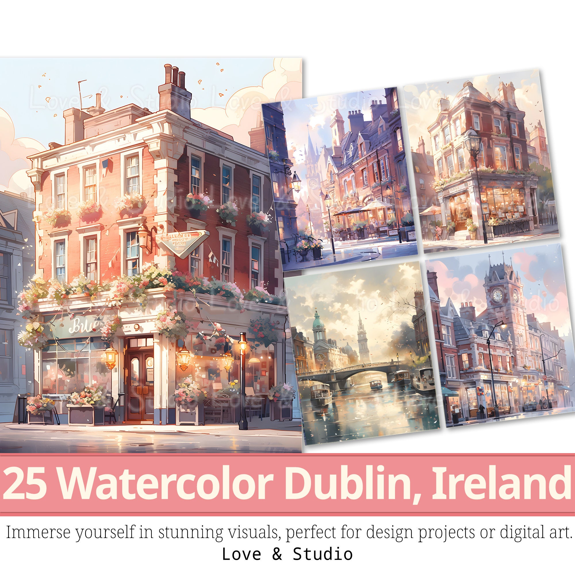 25 Dublin, Ireland Digital Paper, Watercolor Old City View Clipart ...