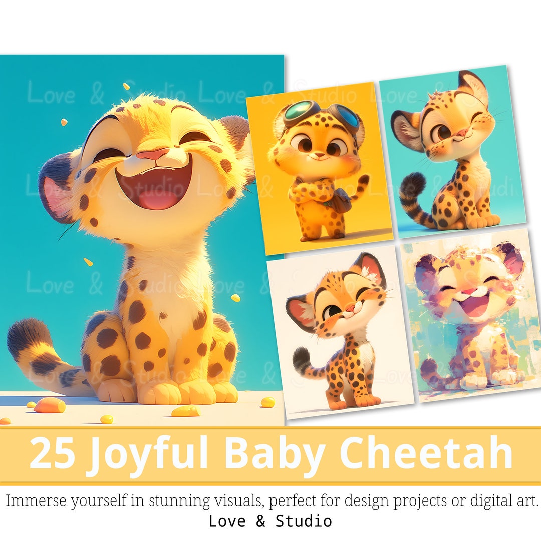 25 Joyful Baby Cheetah Digital Paper. Happy Safari Animal Clipart ...