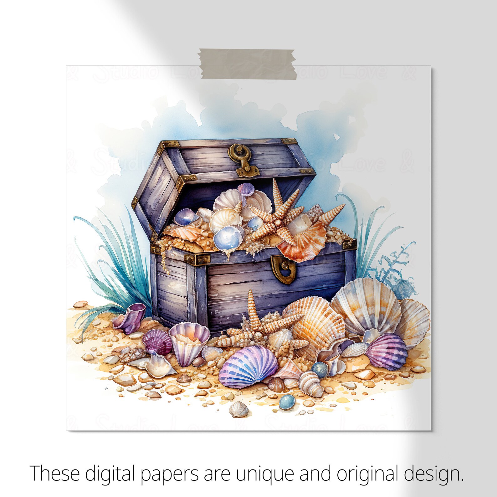 25 Seashells With Treasure Chest Clipart, Ocean Watercolor Printable ...