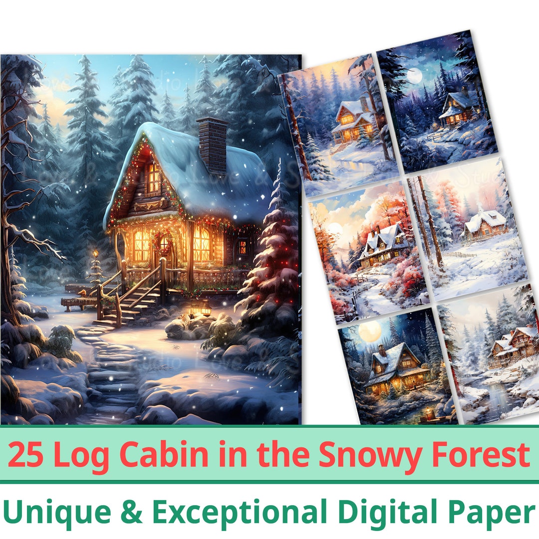 25 Log Cabins in the Snowy Forest Digital Paper, Watercolor Winter ...