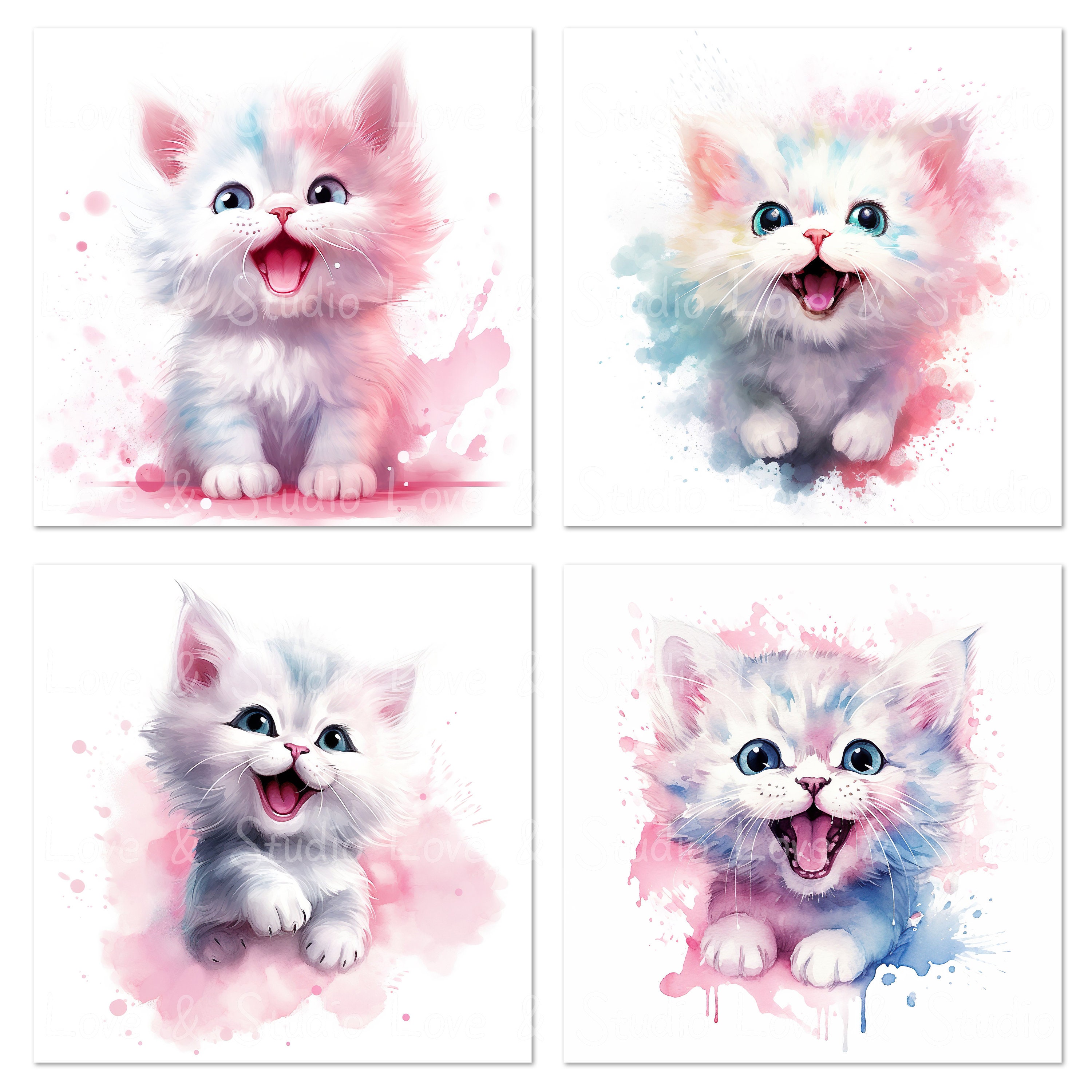 20 Smiling Happy Kitten Clipart, Digital Cat Watercolor, High-quality ...