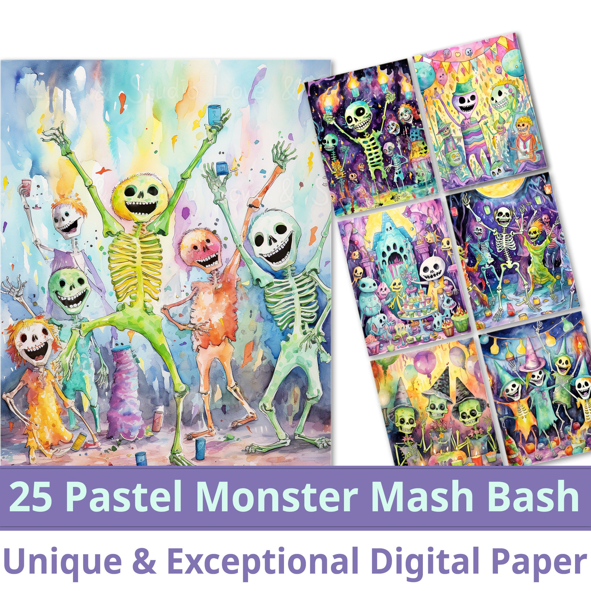 25 Monster Mash Bash Digital Paper, Soft Pastel Shade Watercolor ...