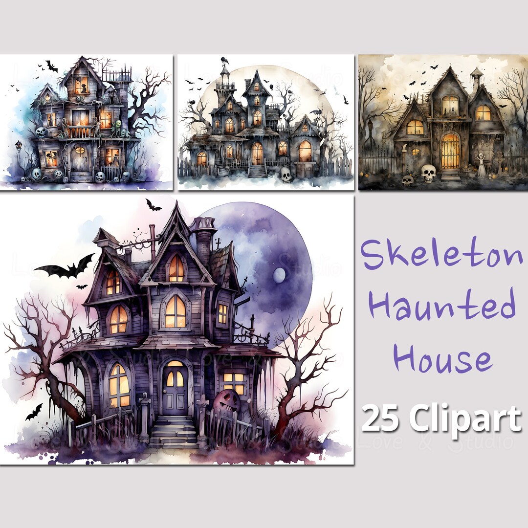 25 Skeleton Haunted House Clipart, Printable Halloween Wall Art ...