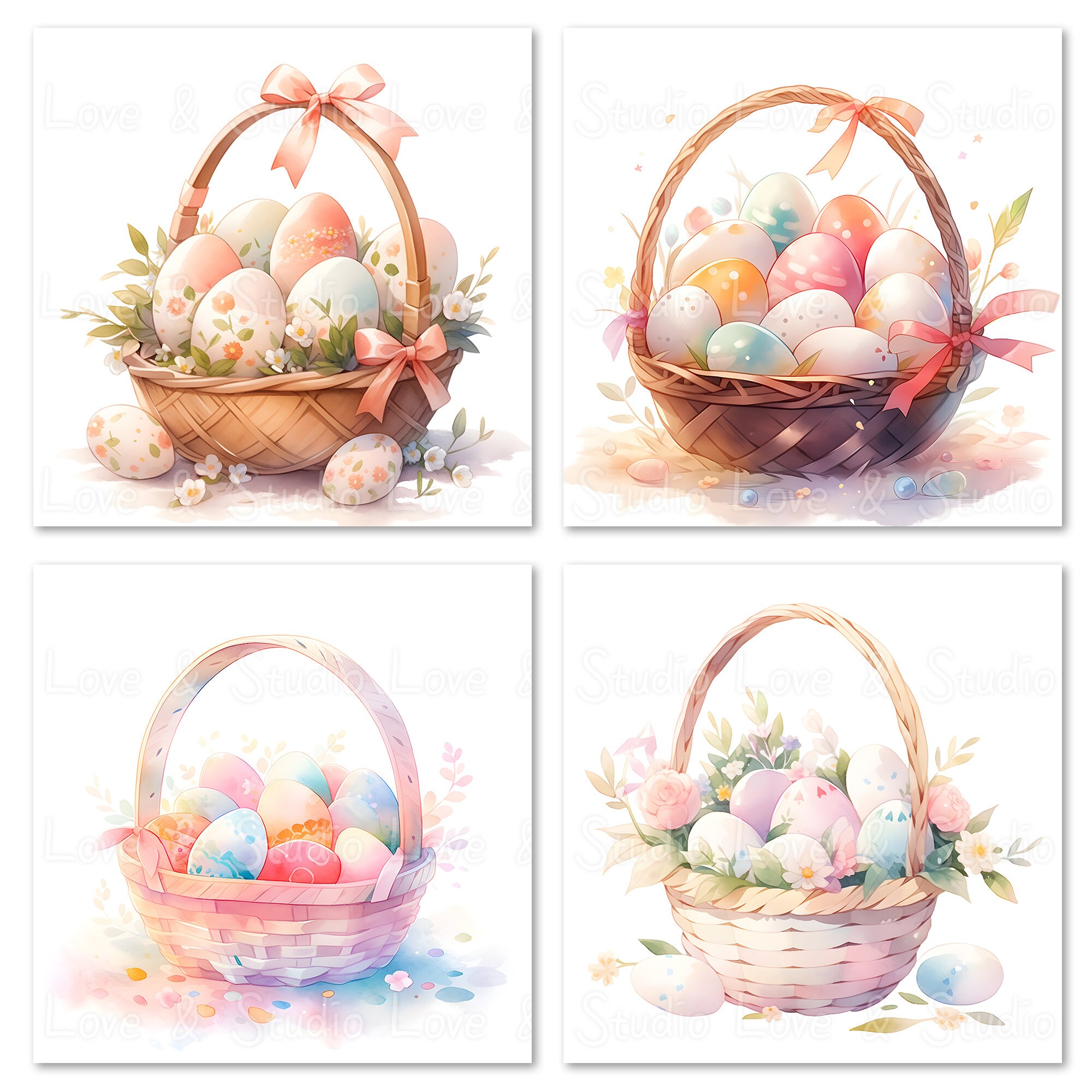 25 Easter Eggs Basket Clipart, Printable Colorful Delight Watercolor ...