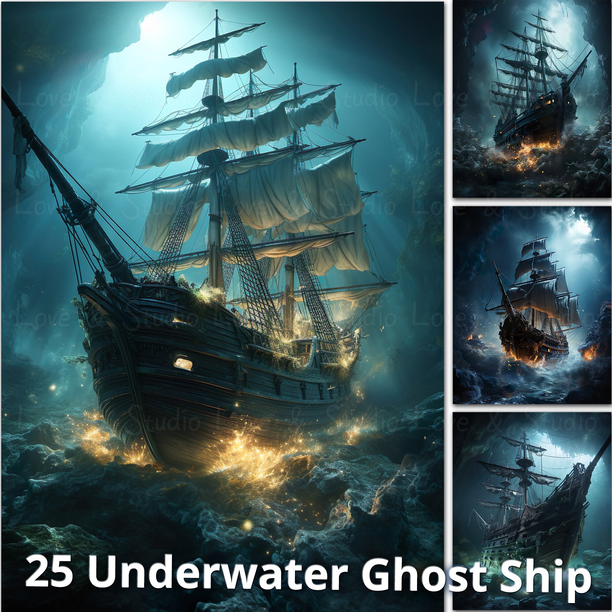 25 Underwater Ghost Ship Digital Paper, Printable Halloween Party ...