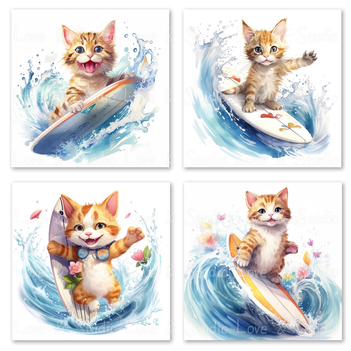 20 Cat on the Beach Clipart, Cute Kitten on Summer Vacation, Digital ...