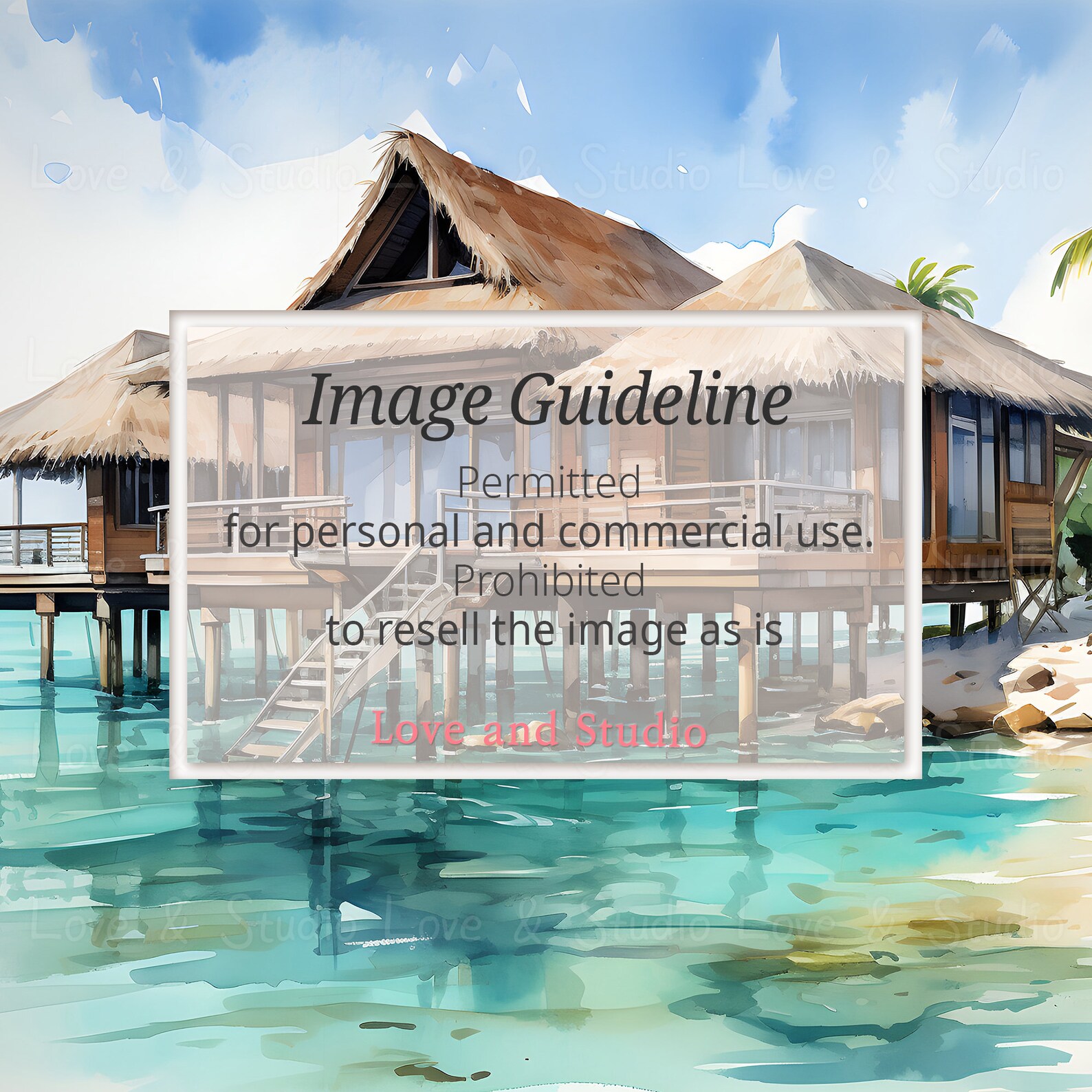 25 Maldives Beach Bungalows Digital Paper, Watercolor With Pen Brush ...