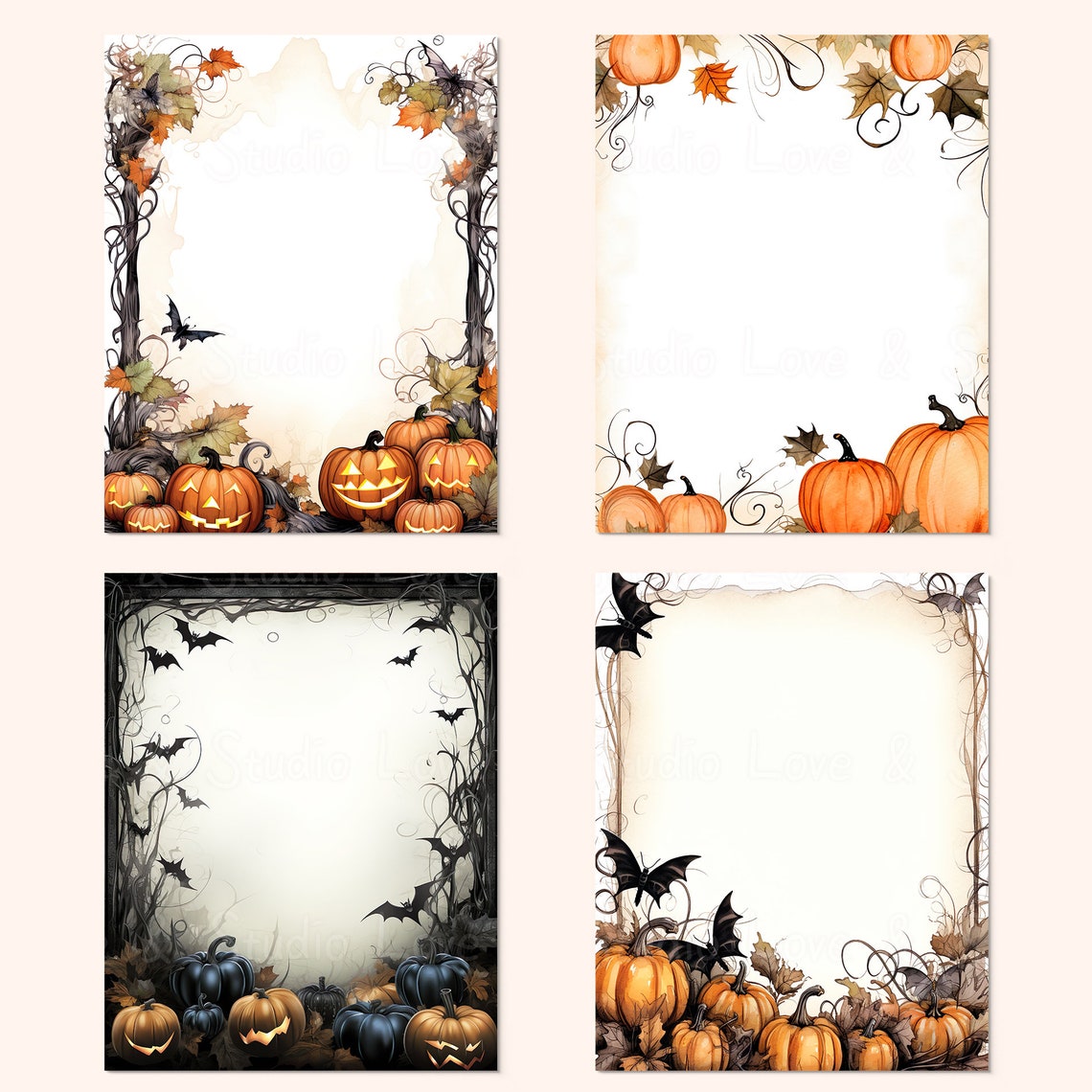 25 Pumpkins and Bats Printable Letter Paper, Halloween Page Border ...