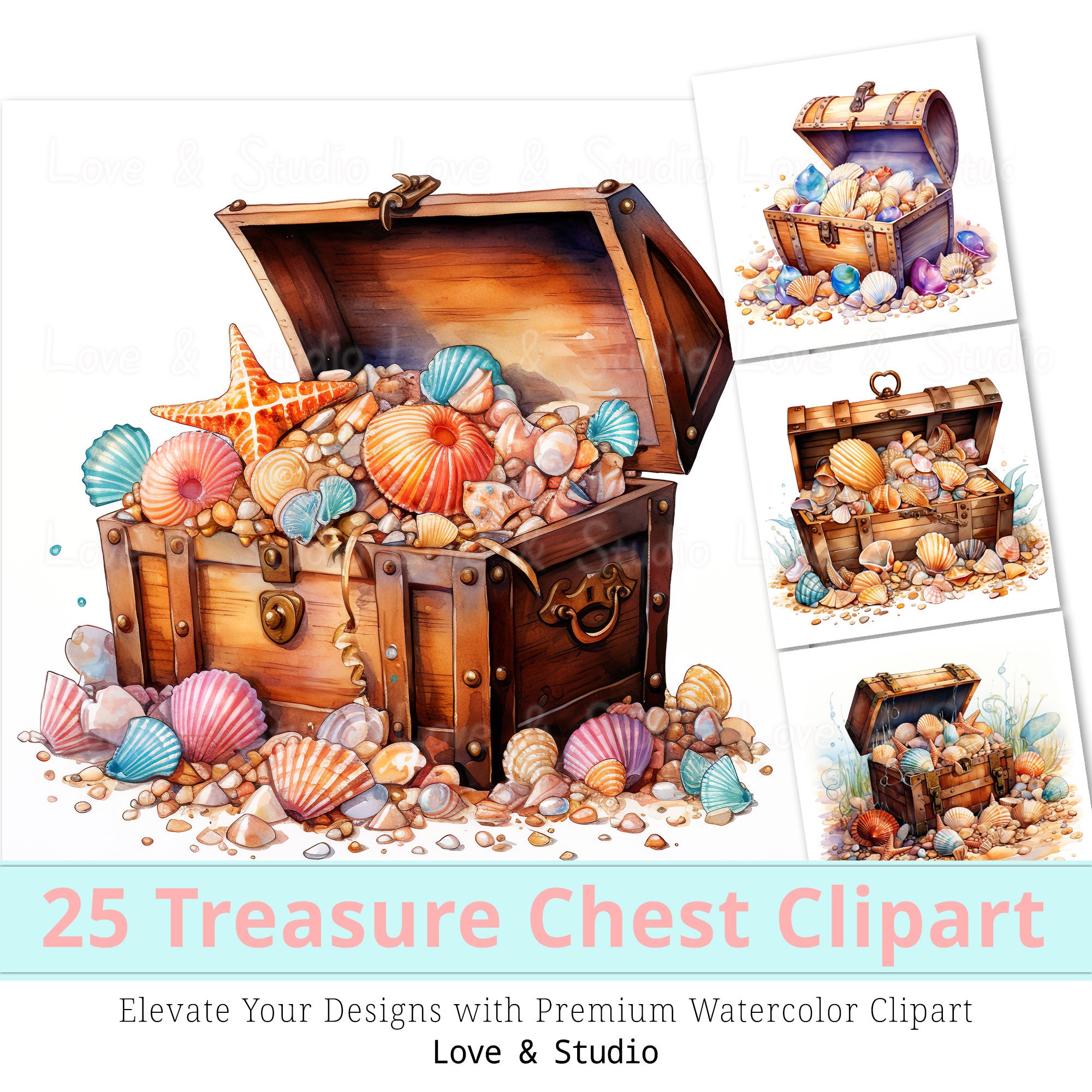 25 Seashells With Treasure Chest Clipart, Ocean Watercolor Printable ...