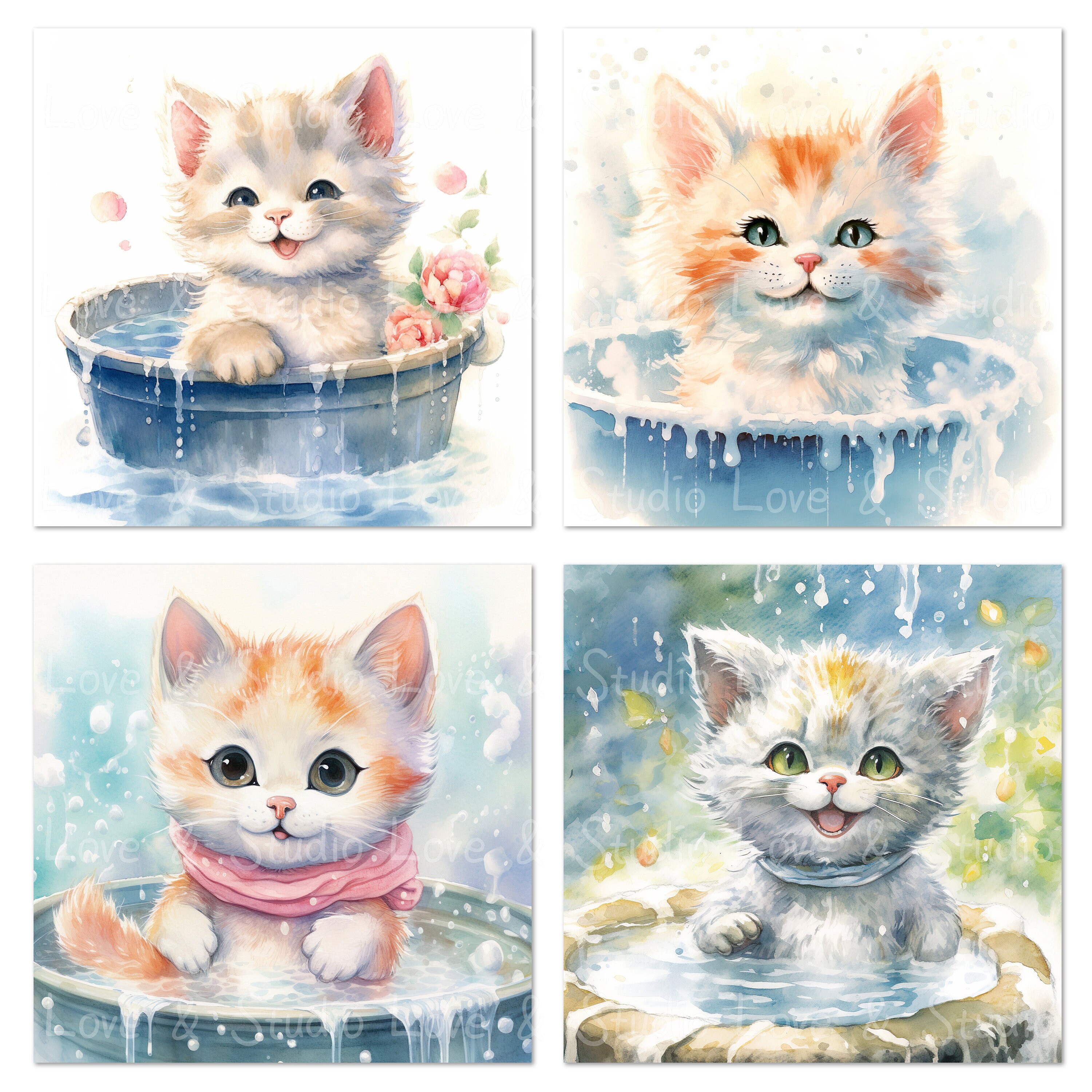 20 Kitten in a Hot Spring Clipart, Digital Cat Watercolor, High-quality ...