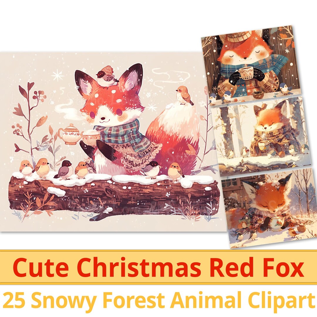 25 Cute Christmas Red Fox Clipart, Snowy Forest Friend Digital Paper ...