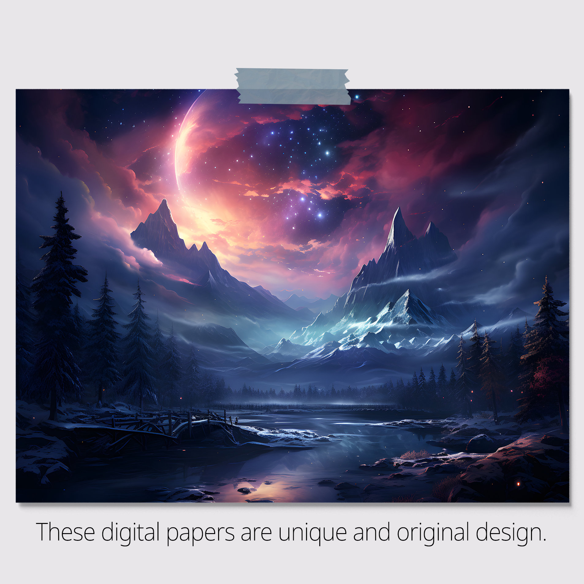 25 Winter Night Aurora Sky Digital Paper, Printable Fantasy Snowy ...