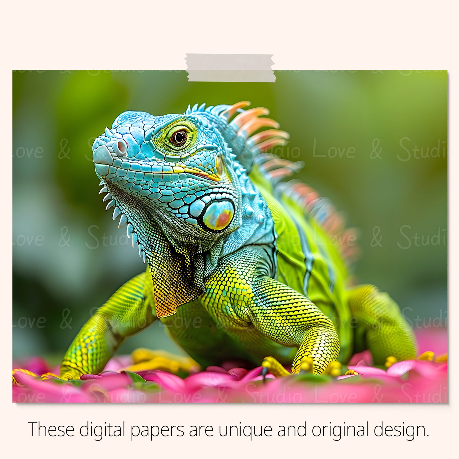 25 Colorful Iguana Portrait Digital Paper, Printable Realistic Animal ...