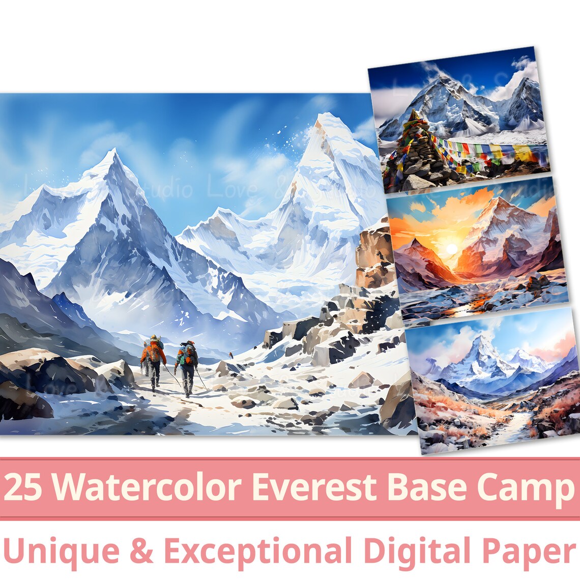 25 View Everest Base Camp Digital Paper, Watercolor Landscape Clipart ...
