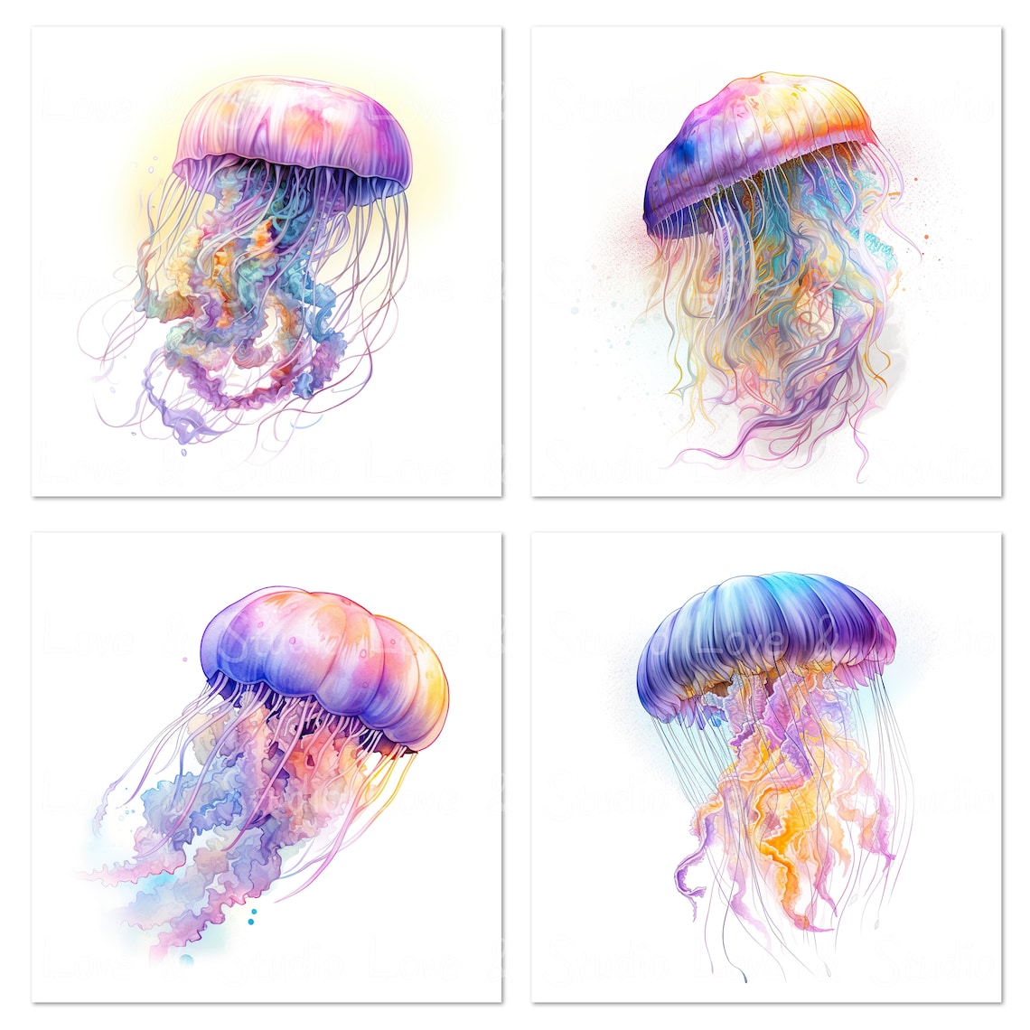 20 Colorful Jellyfish Watercolor Clipart, Digital Illustration, High ...