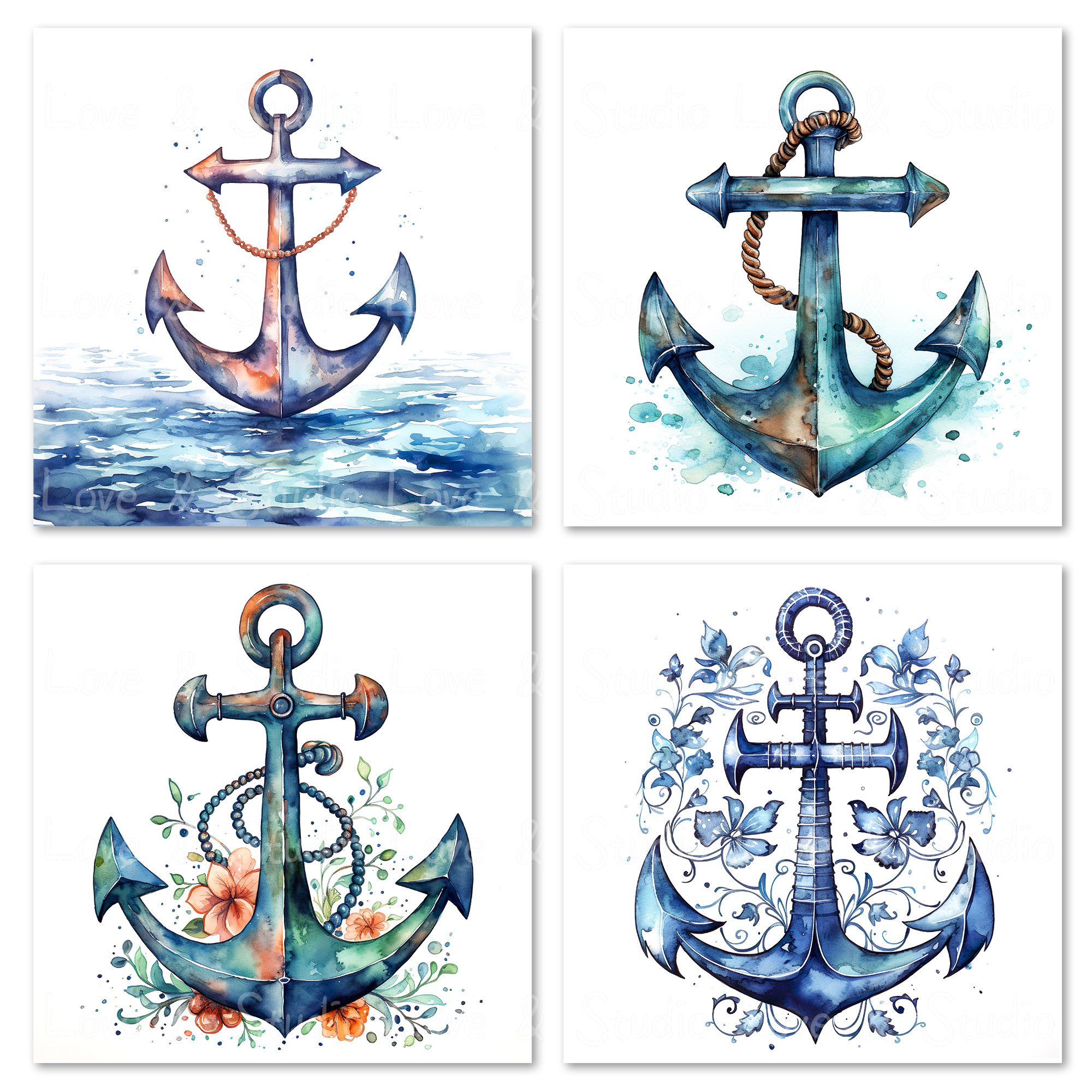 25 Anchor Watercolor Clipart, Summer Theme Tiling Design Printable ...
