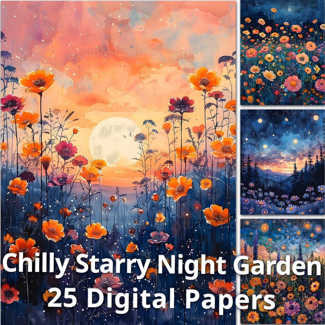 25 Chilly Starry Night Garden Digital Paper, Dark Fantasy Backdrop ...