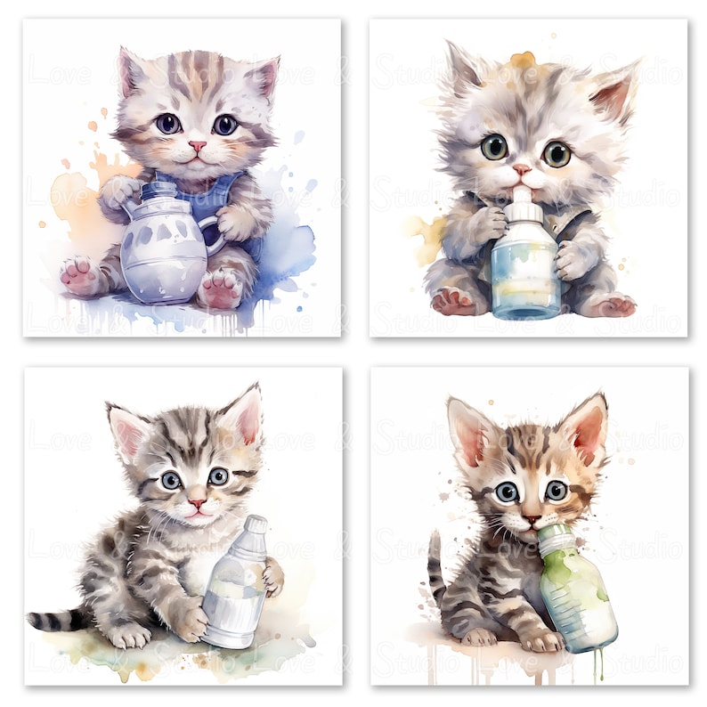 20 Kitten With Baby Bottle Clipart, Cute Baby Cat Illustration, Digital ...
