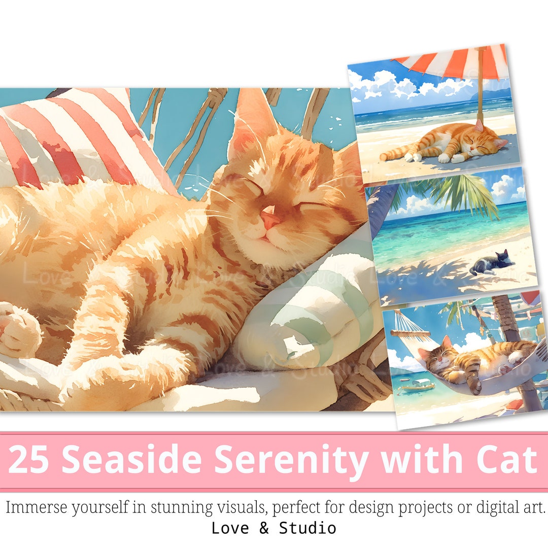 25 Seaside Serenity With Cat Digital Paper, Whimsical Feline Digital ...