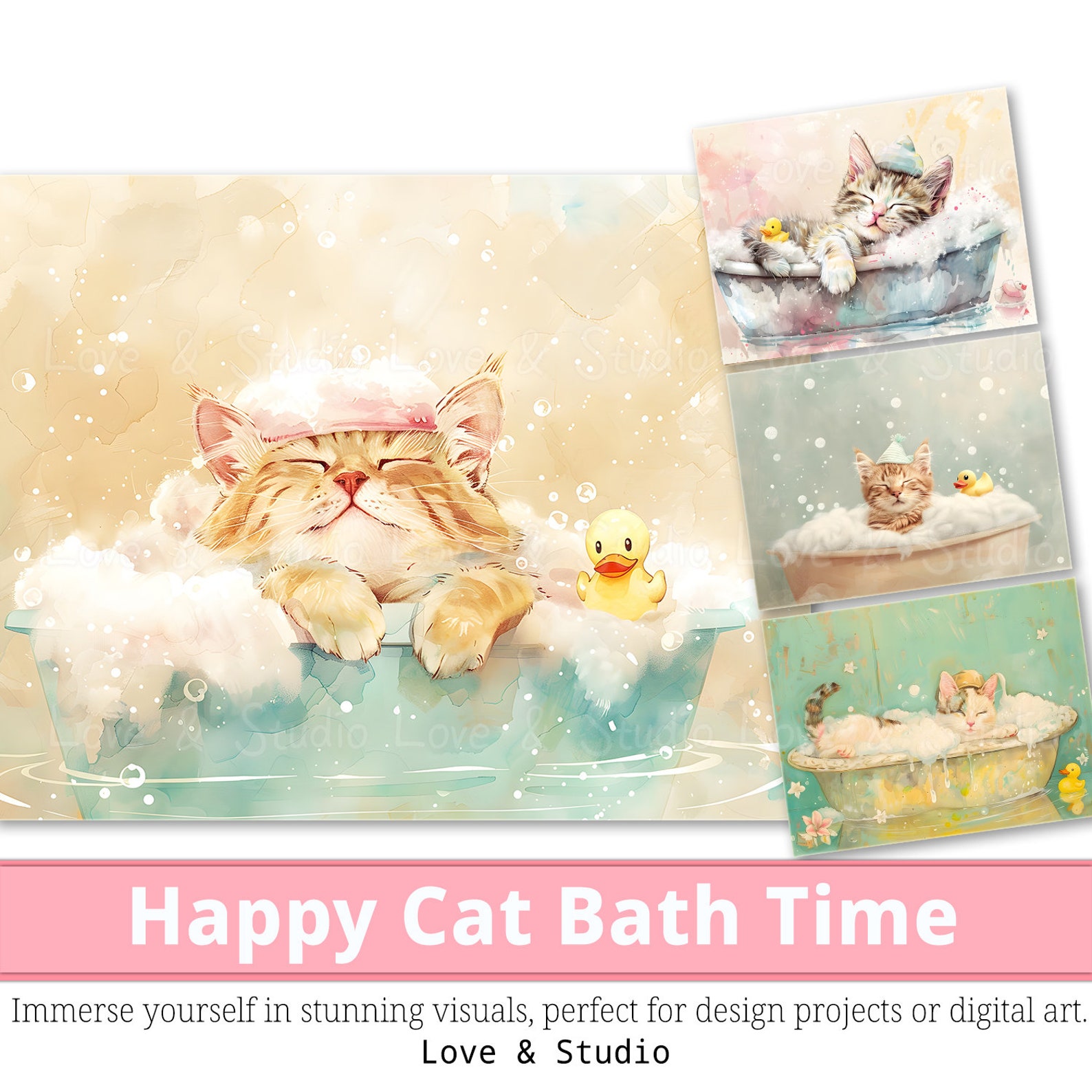 25 Happy Cat Bath Time Digital Paper, Lovely Fellin Watercolor ...