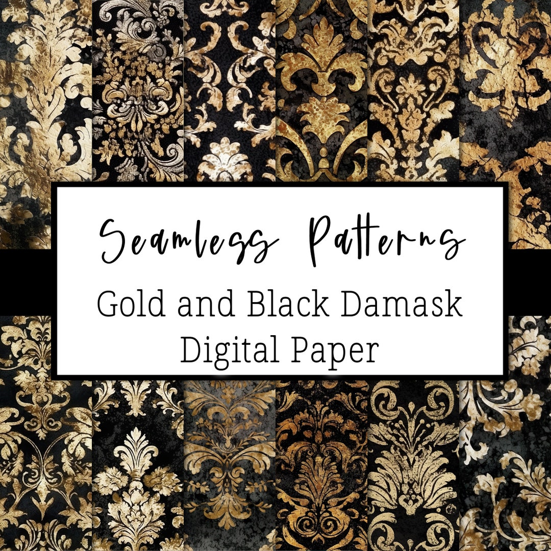 12 Black Distressed Digital Paper, Gold Damask Seamless Pattern ...