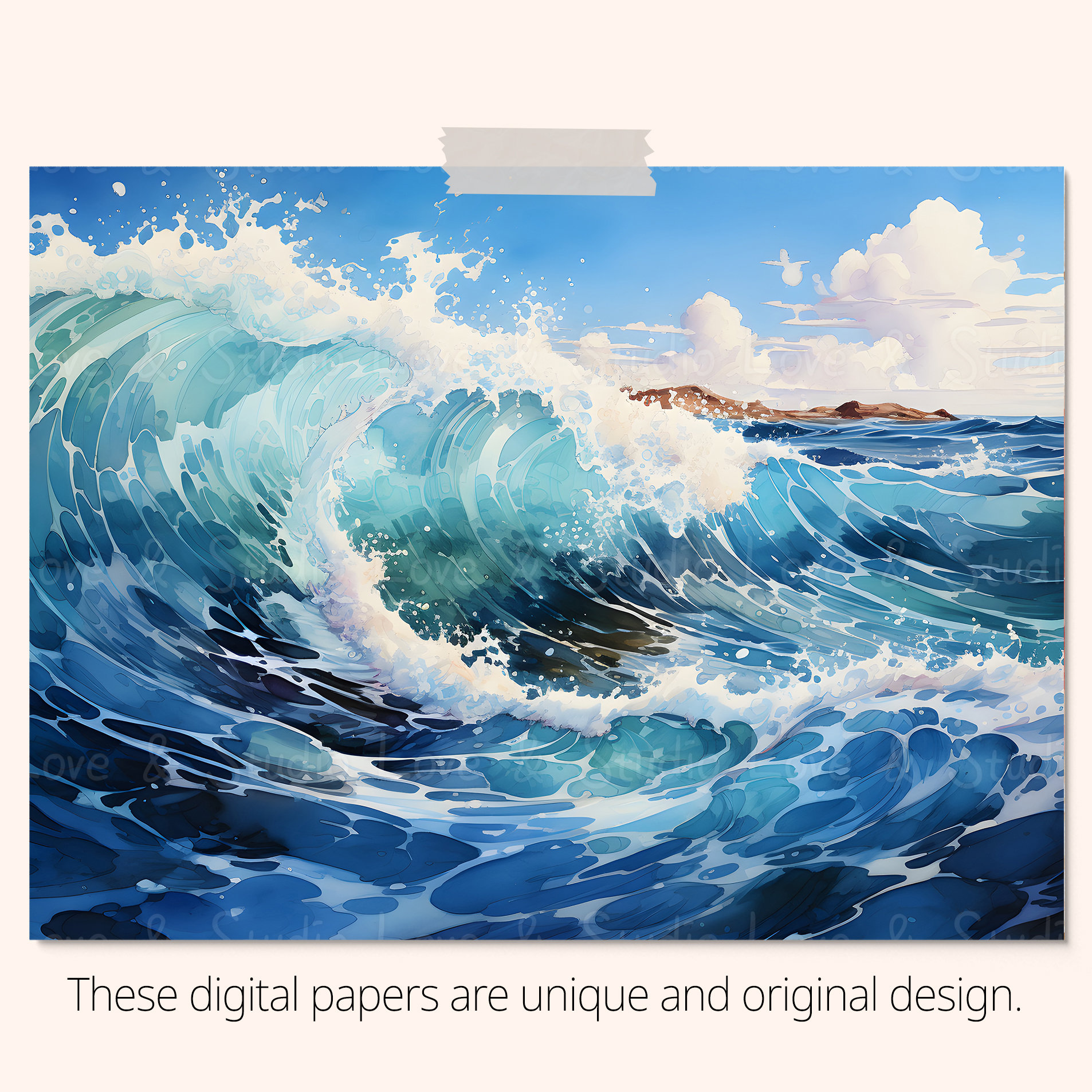 25 Watercolor Blue Ocean Waves Digital Paper, Tide of the Sea Clipart ...