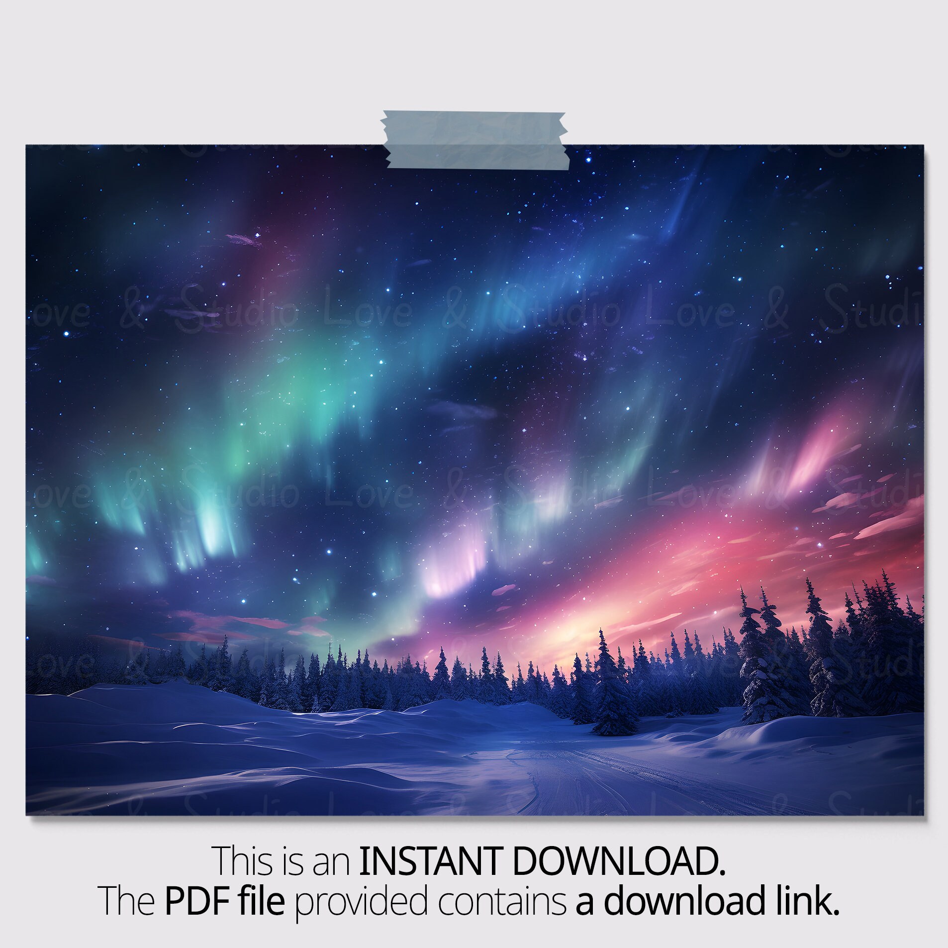 25 Winter Night Aurora Sky Digital Paper, Printable Fantasy Snowy ...
